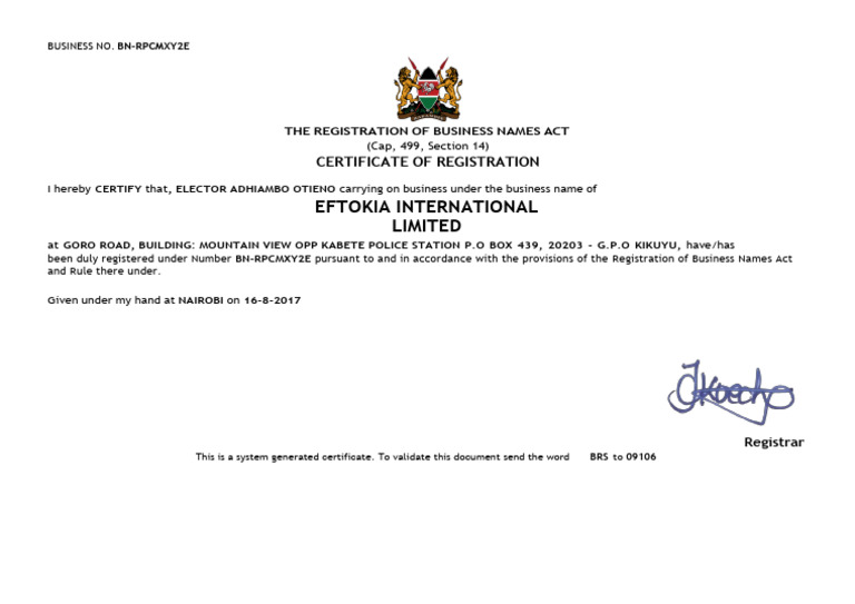 Eftokia ... Business Registration Certificate | PDF
