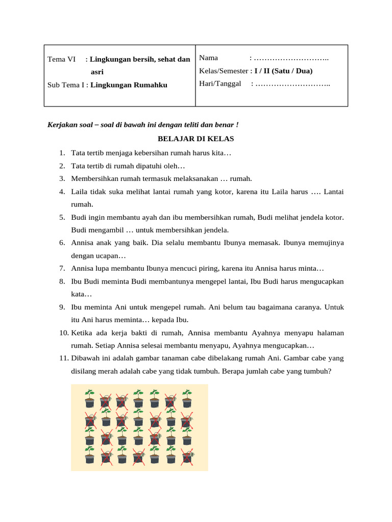 Soal Kelas 1 Tema 6 Subtema 1 | PDF