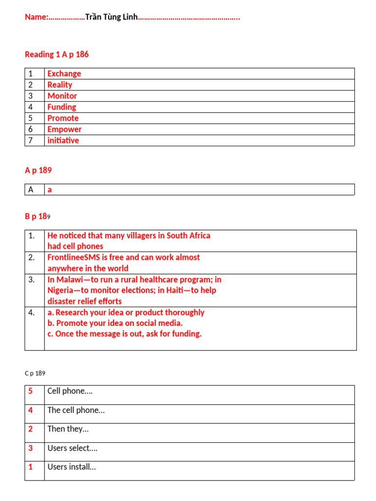 Answer Sheet - Reading U10 | PDF