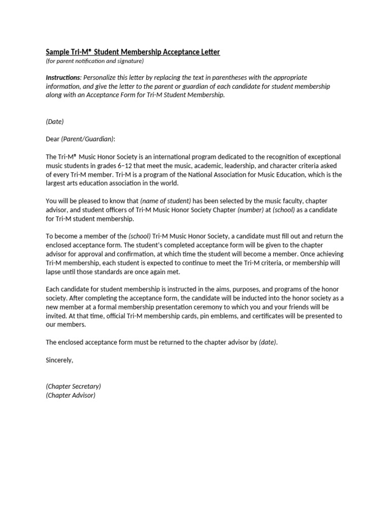 Sample Tri M Student Membership Acceptance Letter | PDF | Career ...