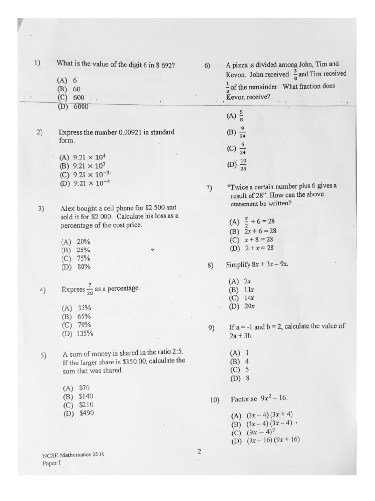 NCSE Mathematics 2019 P1 | PDF