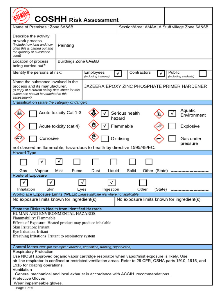 COSHH Risk Assessment: Painting Safety | PDF | Toxicity | Personal ...