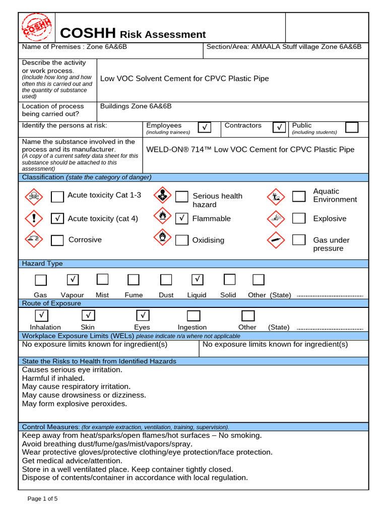 CoSHH Risk Assessment To WELD-ON® 714™ Low VOC Cement | PDF | Toxicity ...