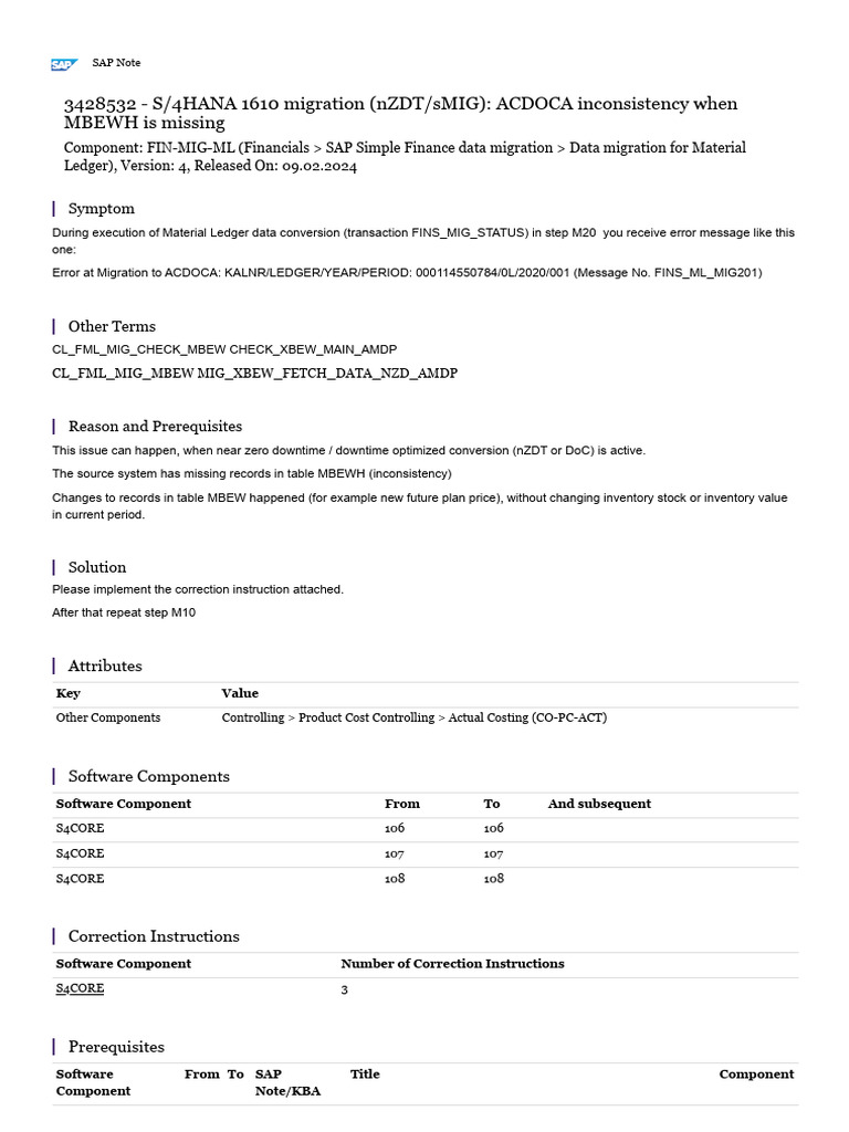 S/4HANA 1610 Migration (nZDT/sMIG) : ACDOCA Inconsistency When MBEWH Is ...