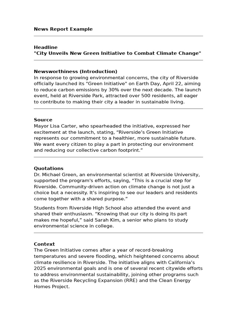 News Report Example W Key Features | PDF | Sustainability | Climate ...
