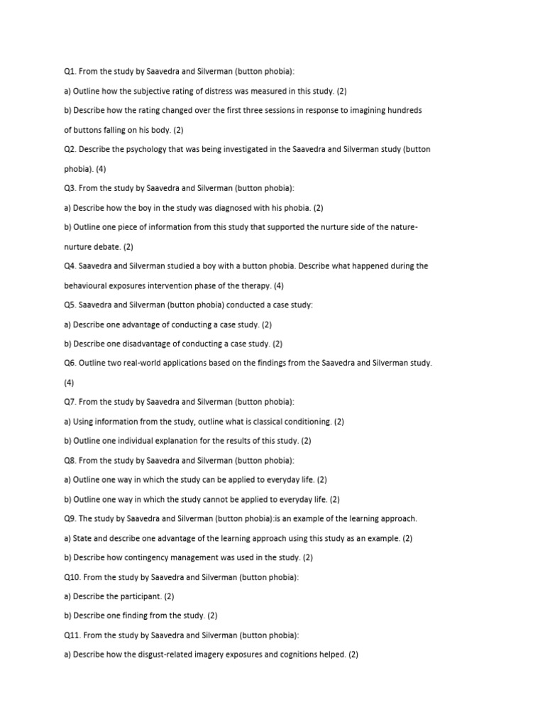 Saveedra and Silverman Questions | PDF | Phobia | Cognition