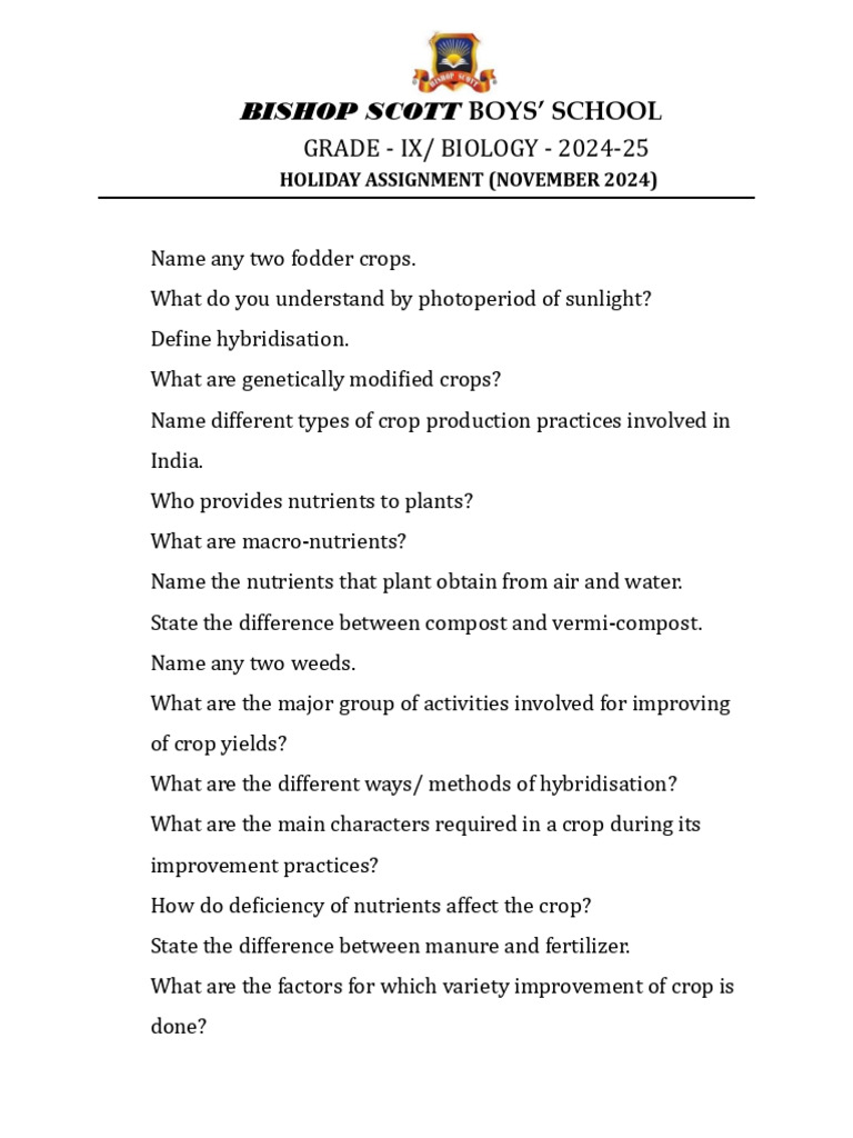 9 Biology HHW 2024 | PDF