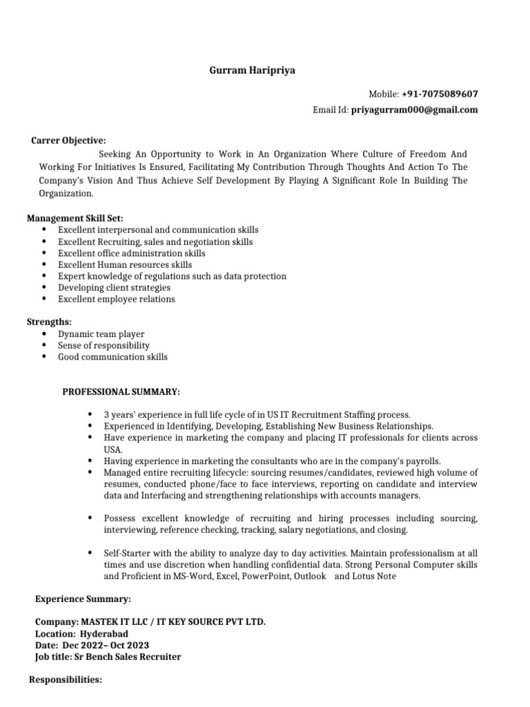 Priya Resume | PDF | Recruitment | Human Resources