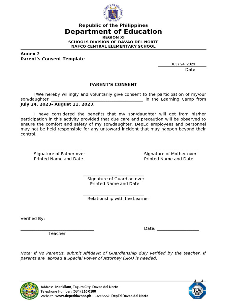 Parents Consent Form NLC | PDF