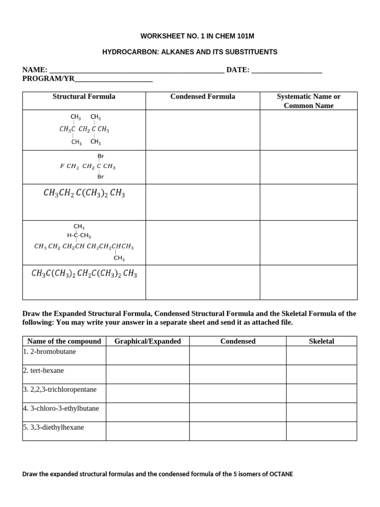 Hydrocarbons - Worksheet No. 1 - Alkane Nomenclature 3 | PDF