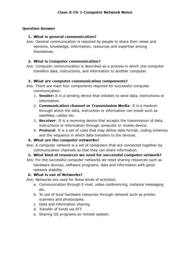 Class 8 CH 1 Computer Network Question Answer | PDF | Computer Network ...