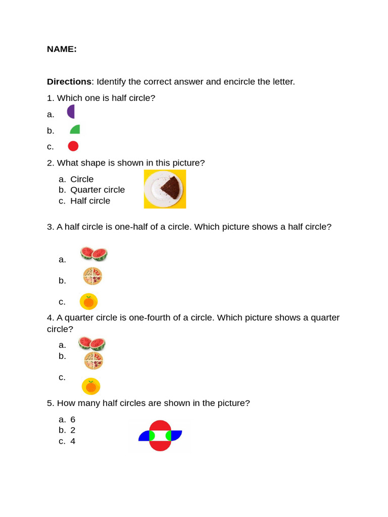 Identify Shapes: Half and Quarter Circles | PDF