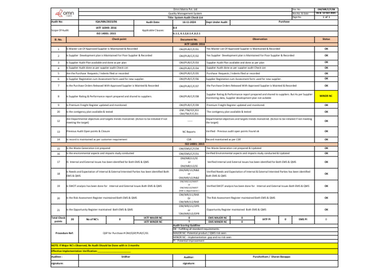 System Audit Check List - Purchase | PDF | Audit | Business