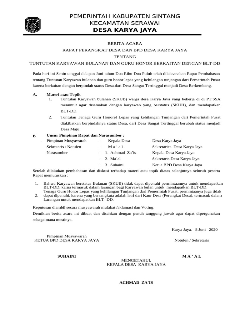 Ba. Rapat Perangkat Desa Dan BPD Desa Karya Jaya | PDF