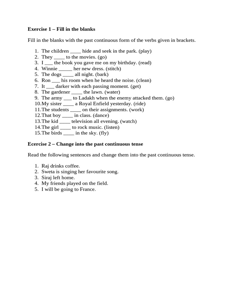 Past Continuous Tense Exercises | PDF