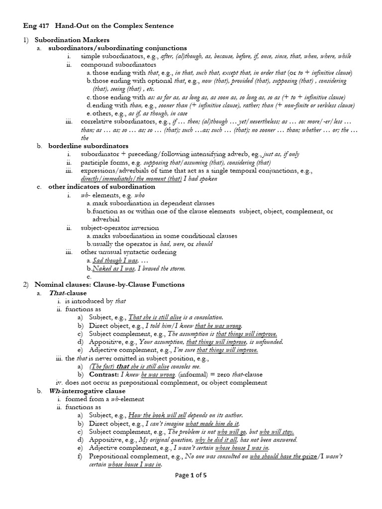 ENG417 Topic 4 Complex Sentences Handout 4a 2024 | PDF | Clause ...