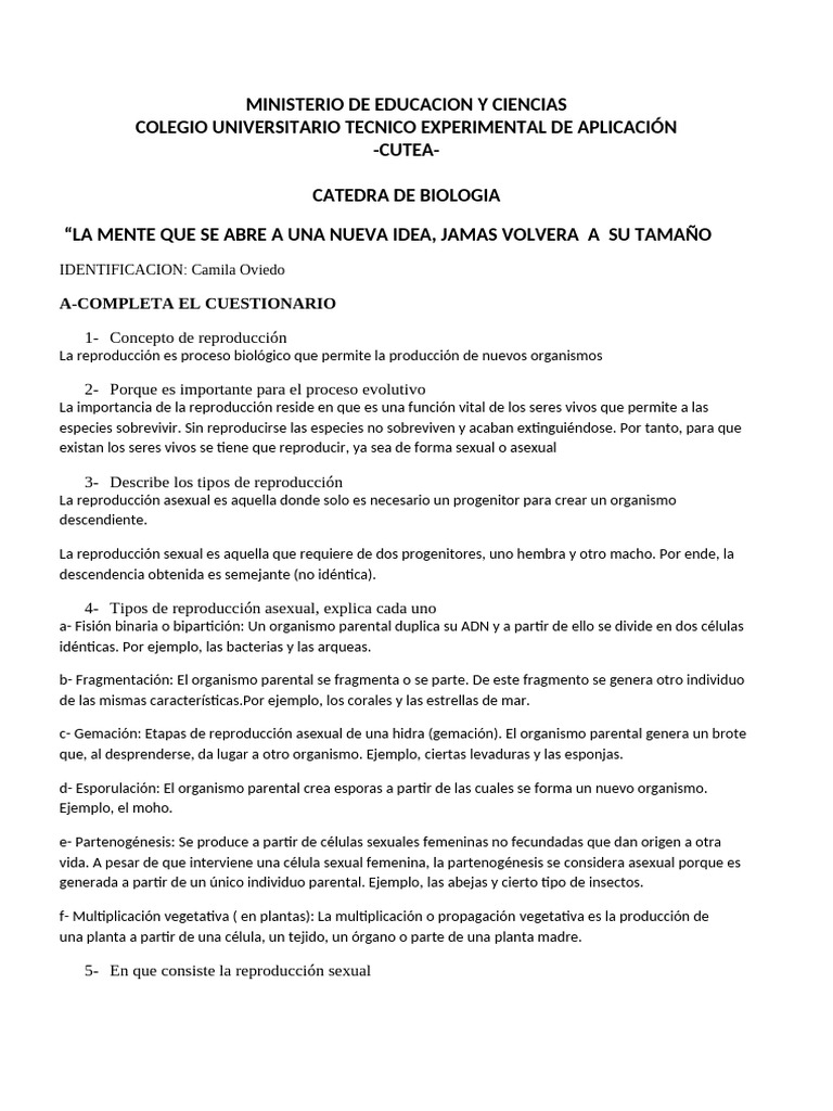 Ejerc. Reproduccion | PDF | Reproducción | Mitosis