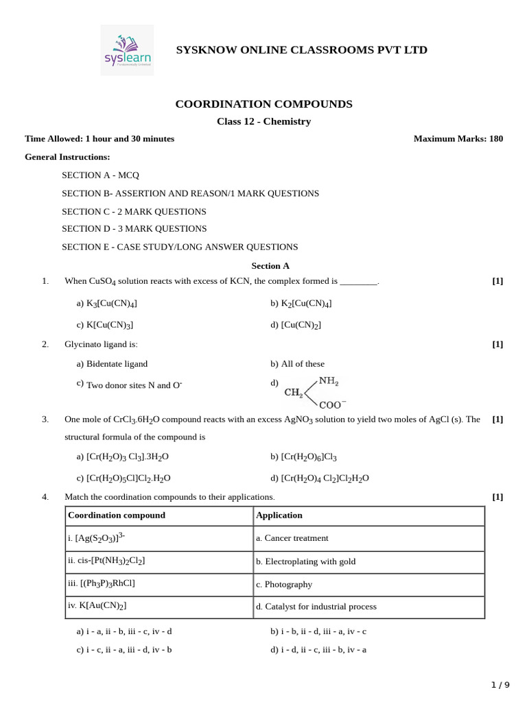 Coordination Compounds Class 12 Exam | PDF | Coordination Complex ...