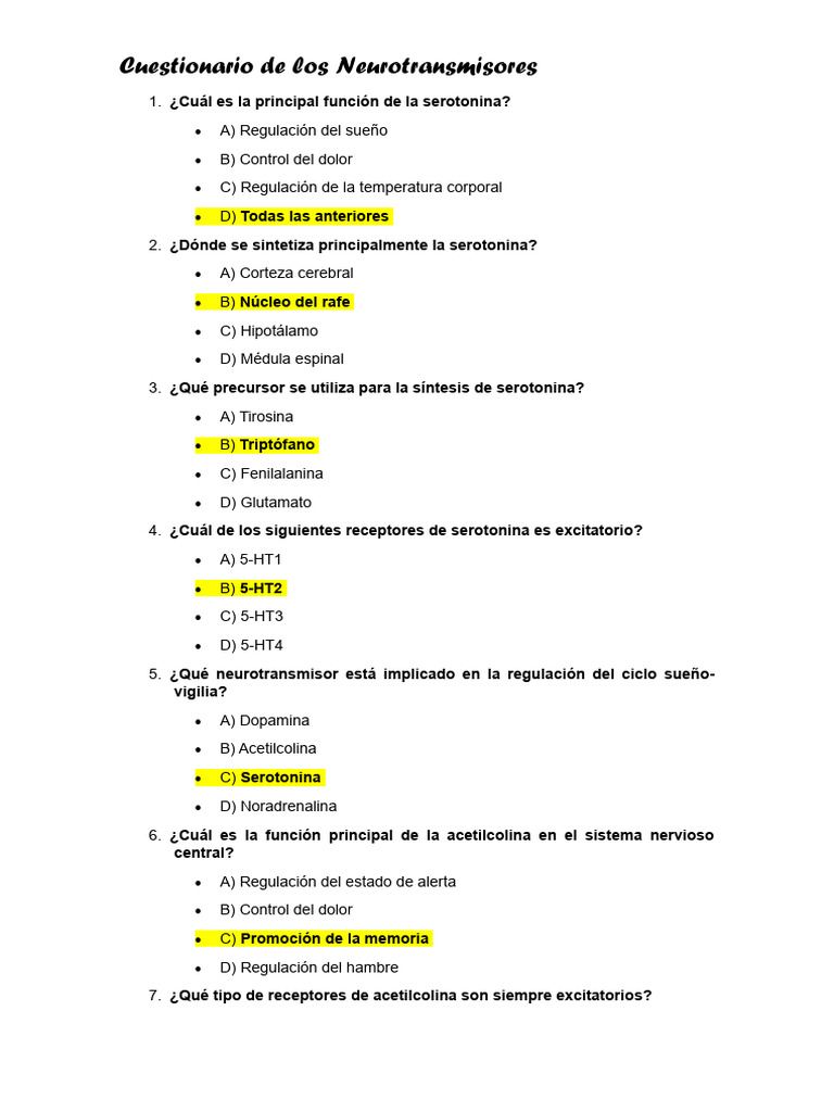 Cuestionario sobre Neurotransmisores | PDF | Serotonina | Inhibidor ...