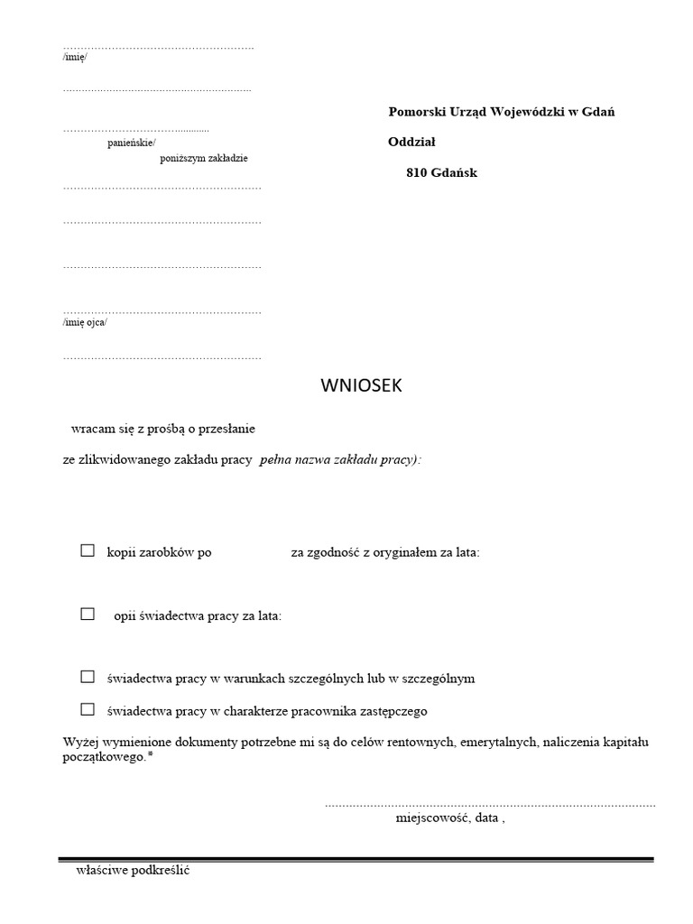 Wniosek o Wydanie Dokumentacji Osobowo - Płacowej PUW W Gdańsku-1 | PDF