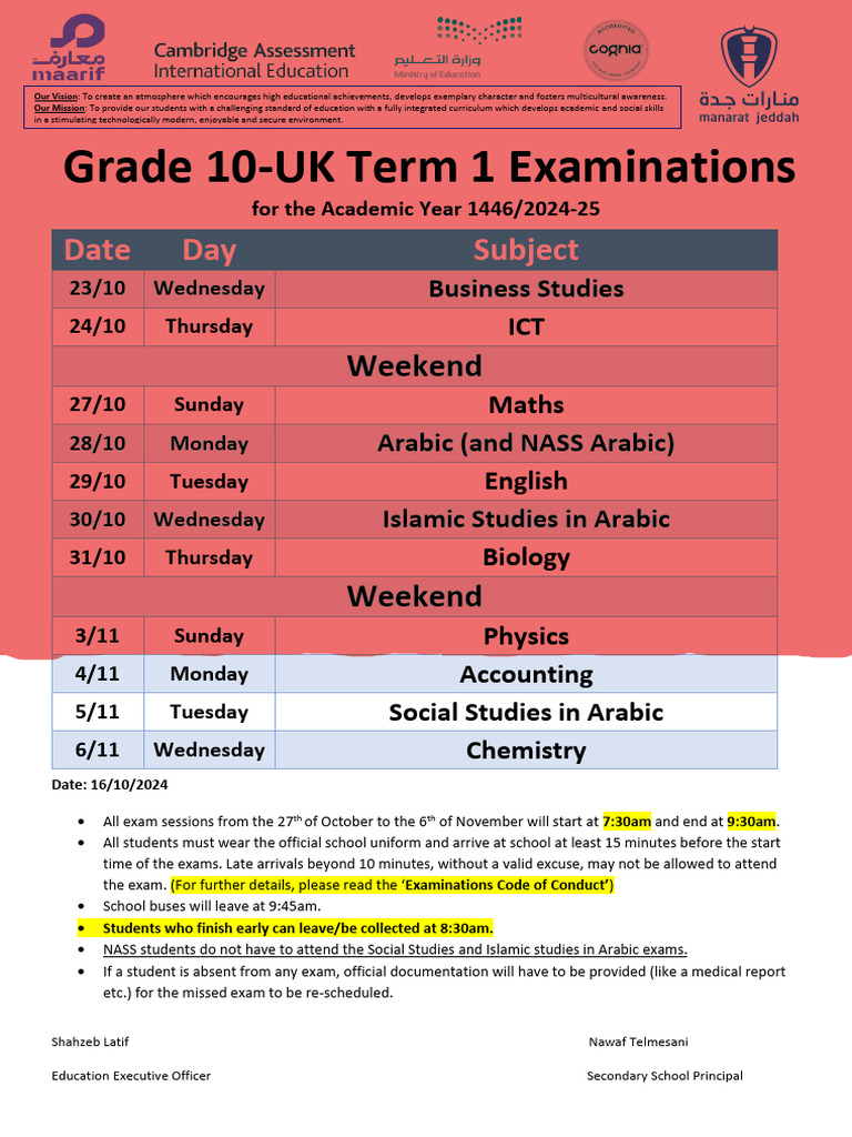 Grade 10-UK - Term 1 Exam Schedule - 2024-25 | PDF | Schools