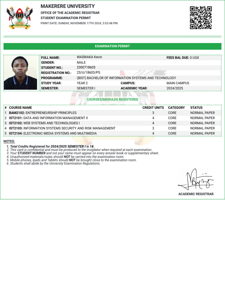 Exam Permit for BIST Students | PDF