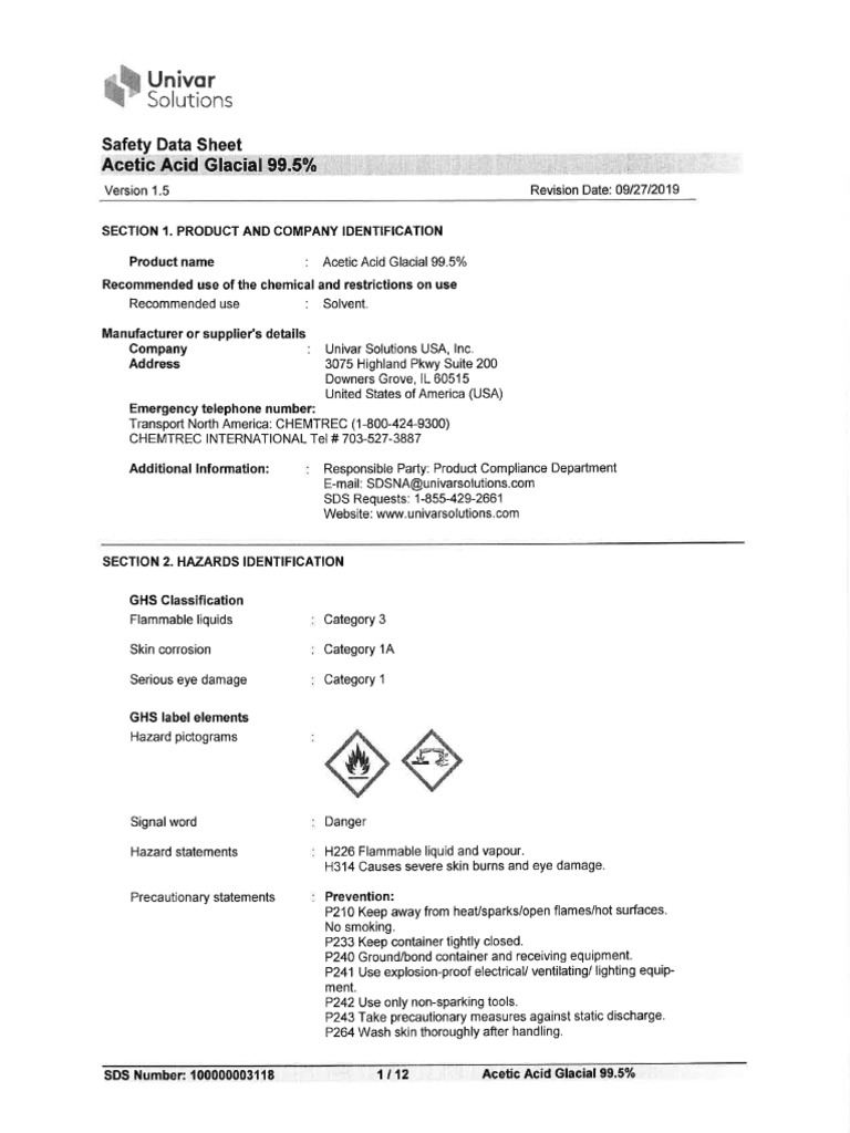 Glacial Acetic Acid SDS | PDF