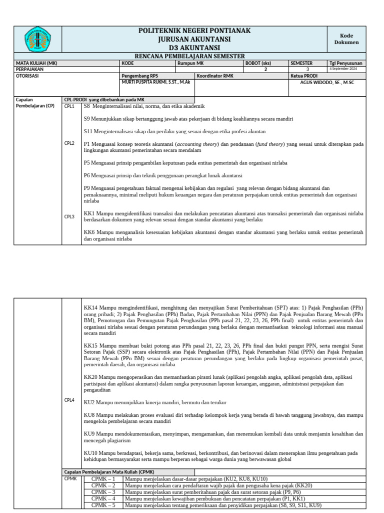 RPS Pengantar Perpajakan D4 Akuntansi Berbasis OBE Laporan Akhir | PDF