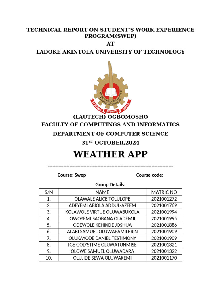SWEP Technical Report: Weather App Development | PDF | Web Development ...