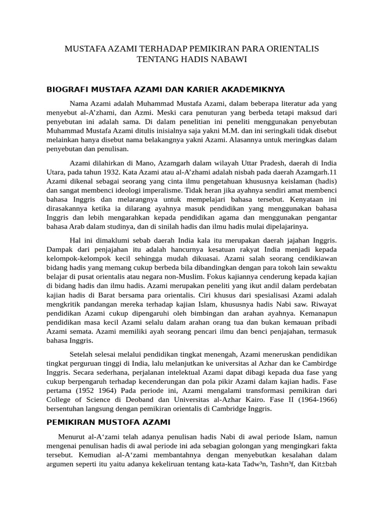 Mustafa Azami Terhadap Pemikiran para Orientalis Tentang Hadis Nabawi | PDF