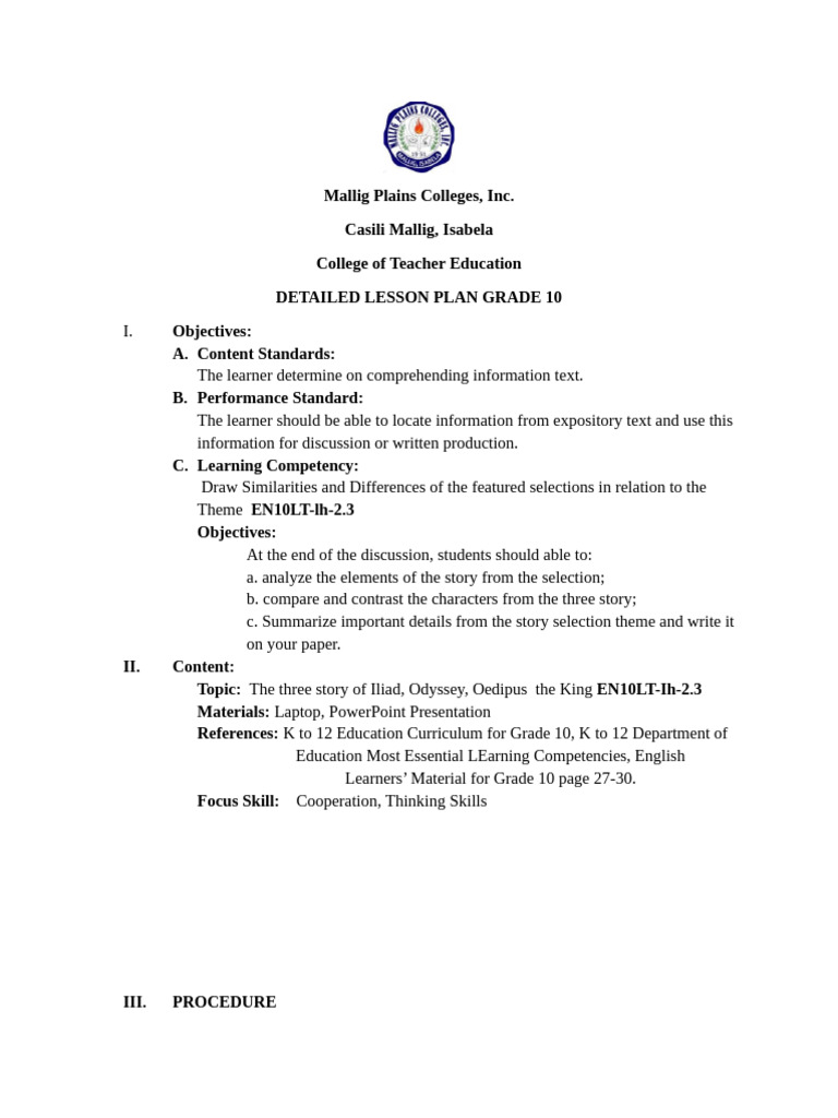 Grade 10 Lesson Plan: Analyzing Iliad, Odyssey, Oedipus | PDF | Oedipus ...