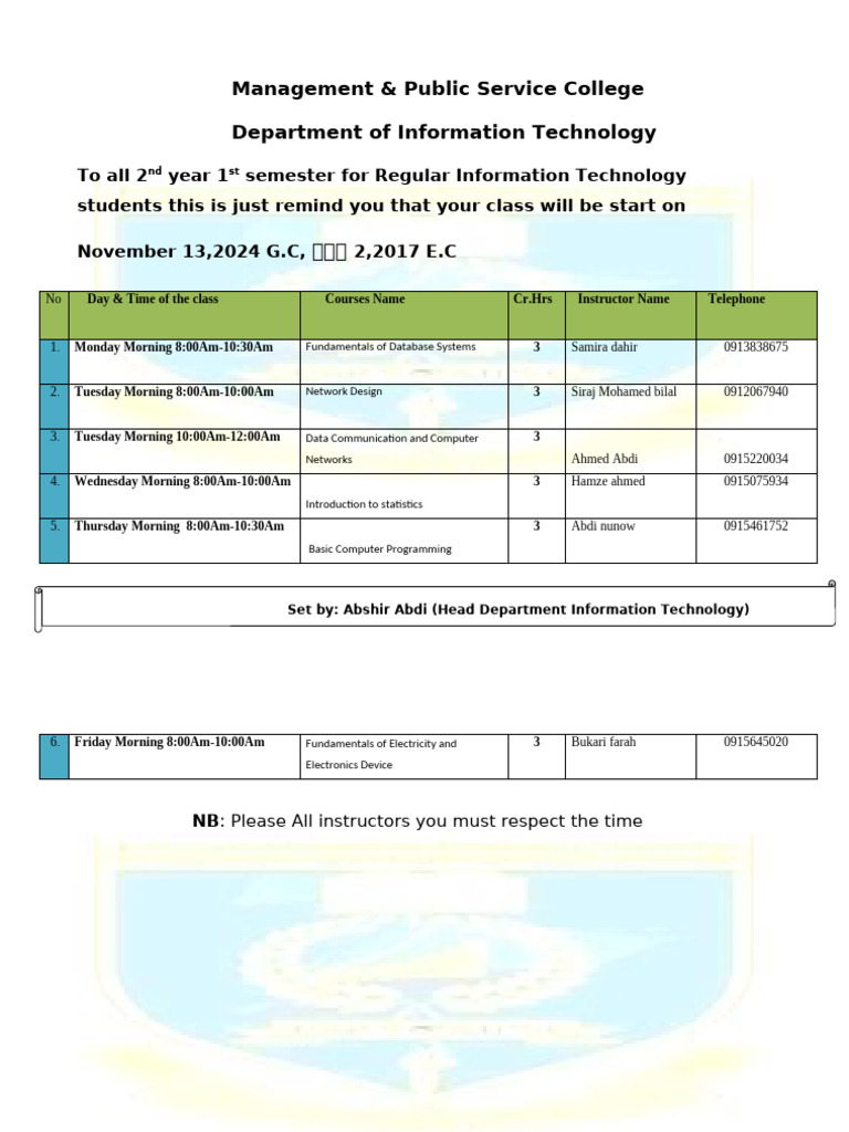 Regular IT Class Schedule | PDF