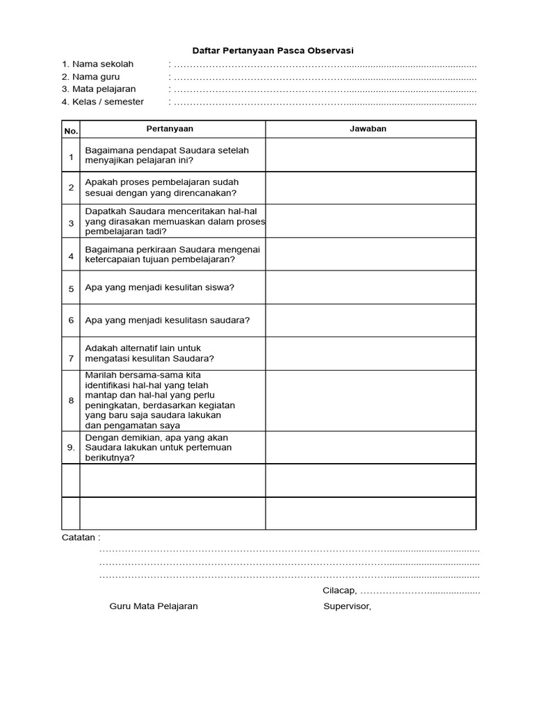 Daftar Pertanyaan Pasca Observasi 22-23 | PDF