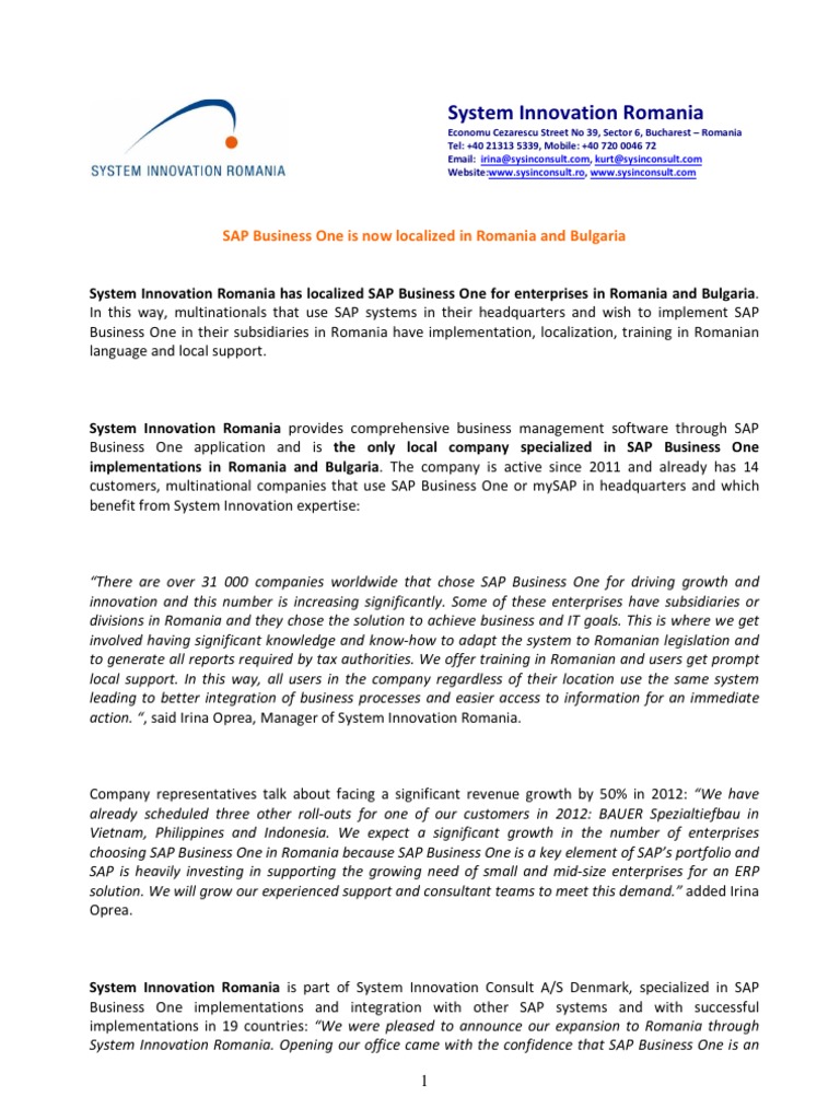 SAP Business One Is Now Localized in Romania and Bulgaria | PDF | Sap ...
