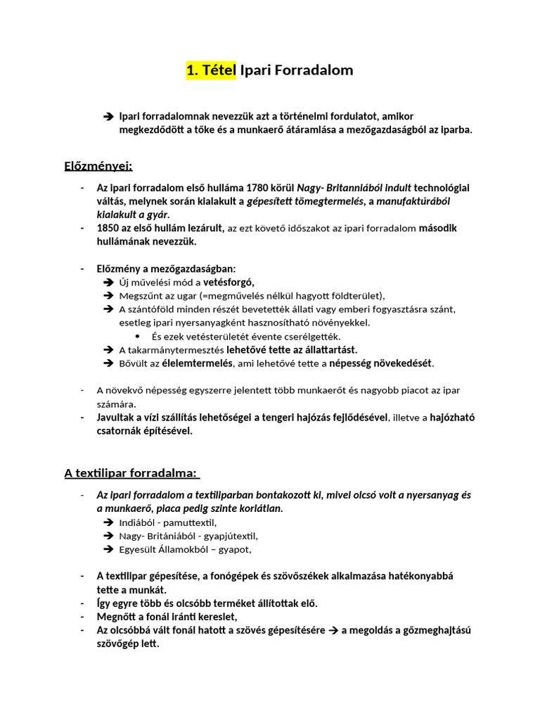 Töri Tétel (Ipari Forradalom) | PDF