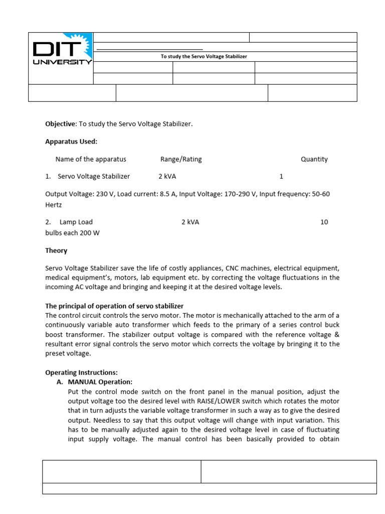 Lab Manual Control Labto Study The Servo Voltage Stabilizer | PDF | Servomechanism | Transformer