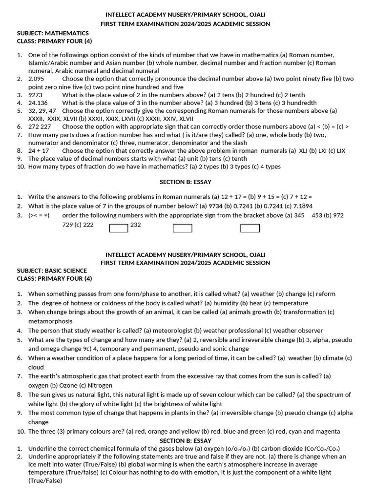 Intellect Academy Primary Four | PDF | Numbers | Decimal
