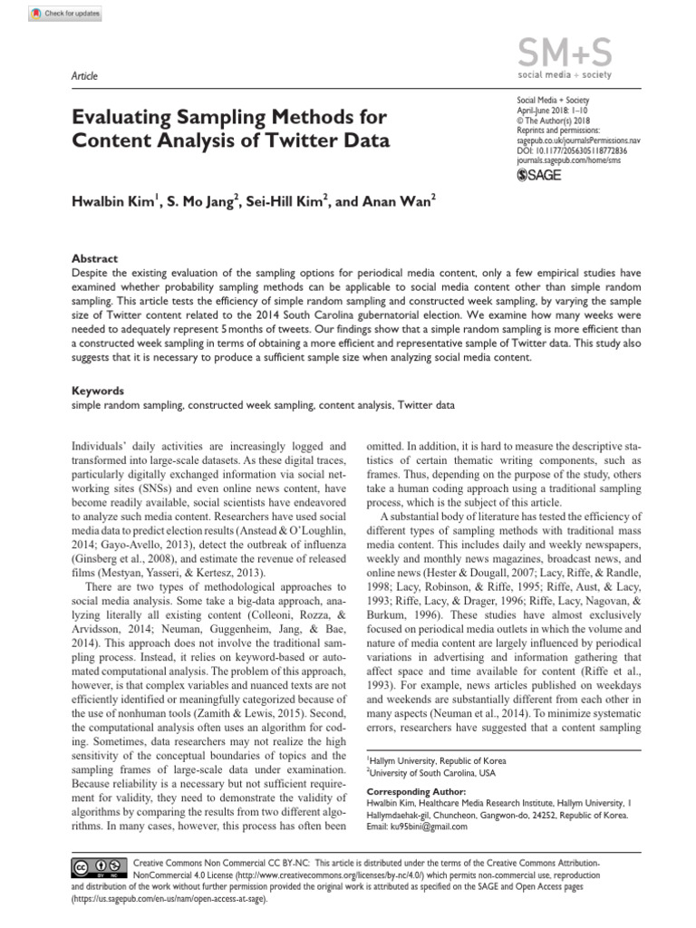 Kim Et Al 2018 Evaluating Sampling Methods For Content Analysis of Twitter Data | PDF ...