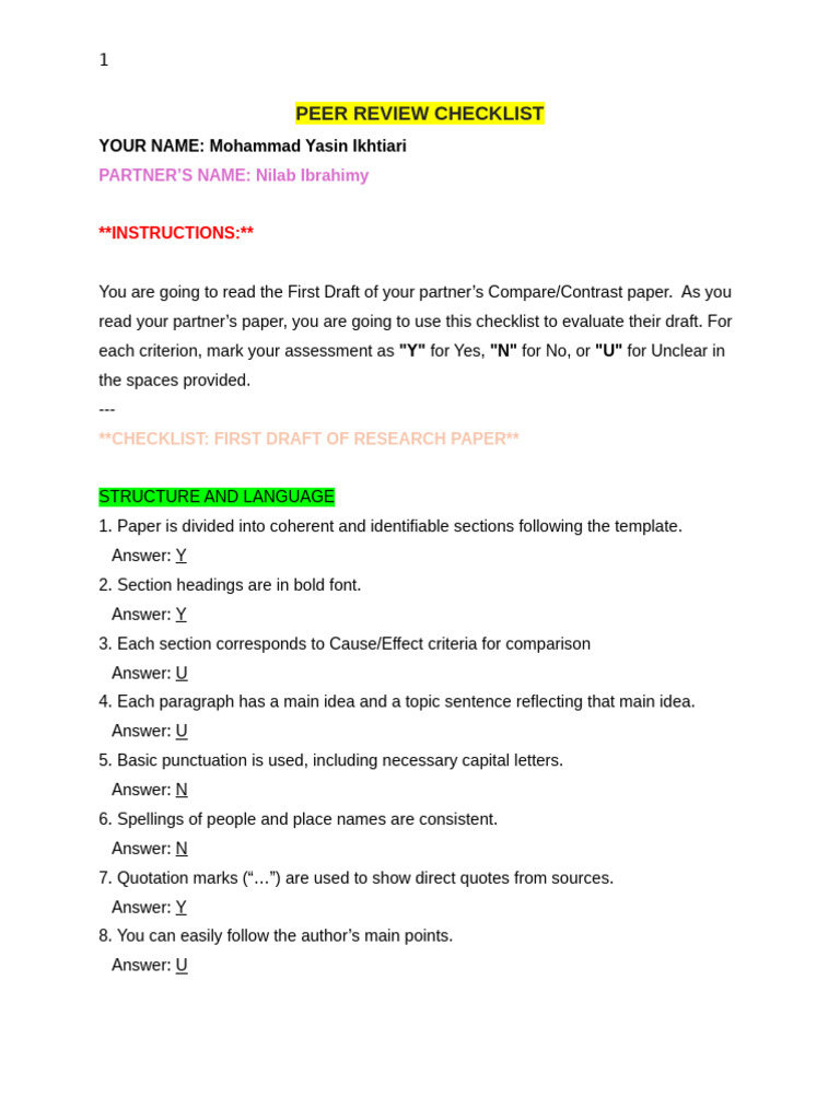 Peer Review Checklist | PDF | Essays | Apa Style