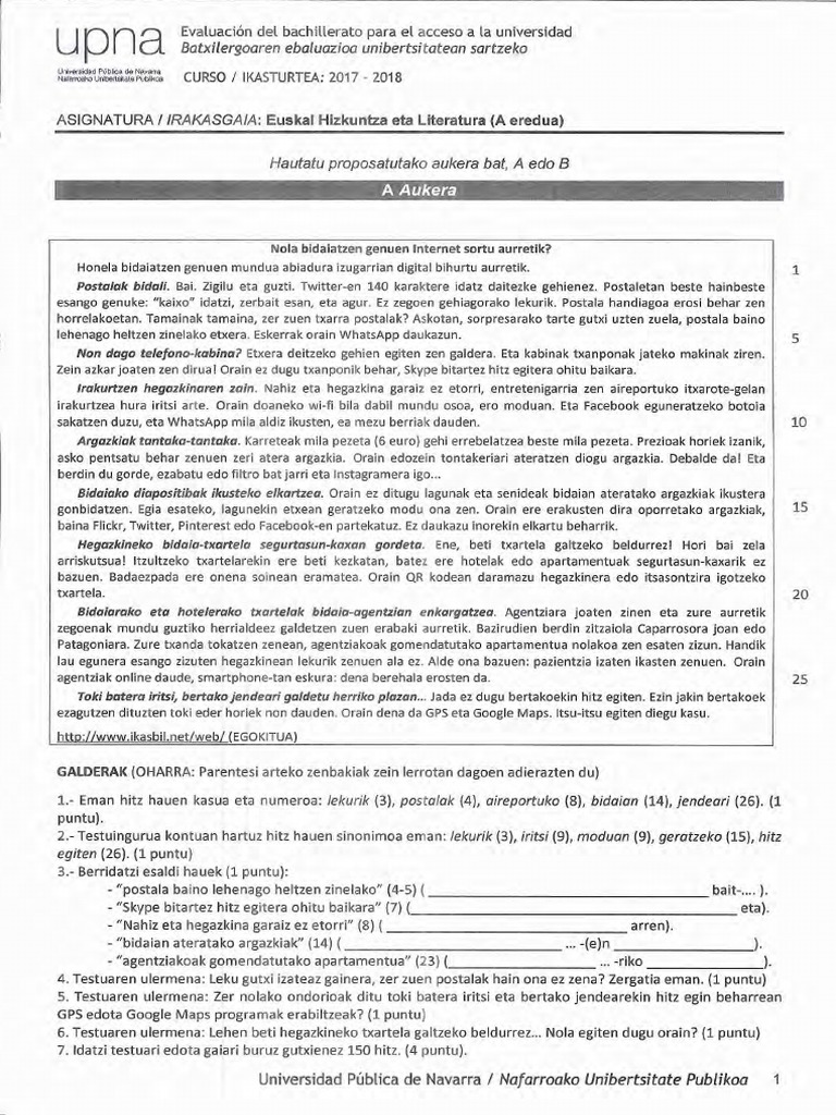 Euskara Selektibitateko Azterketa 2018 Ez Ohikoa (Nafarroa) | PDF
