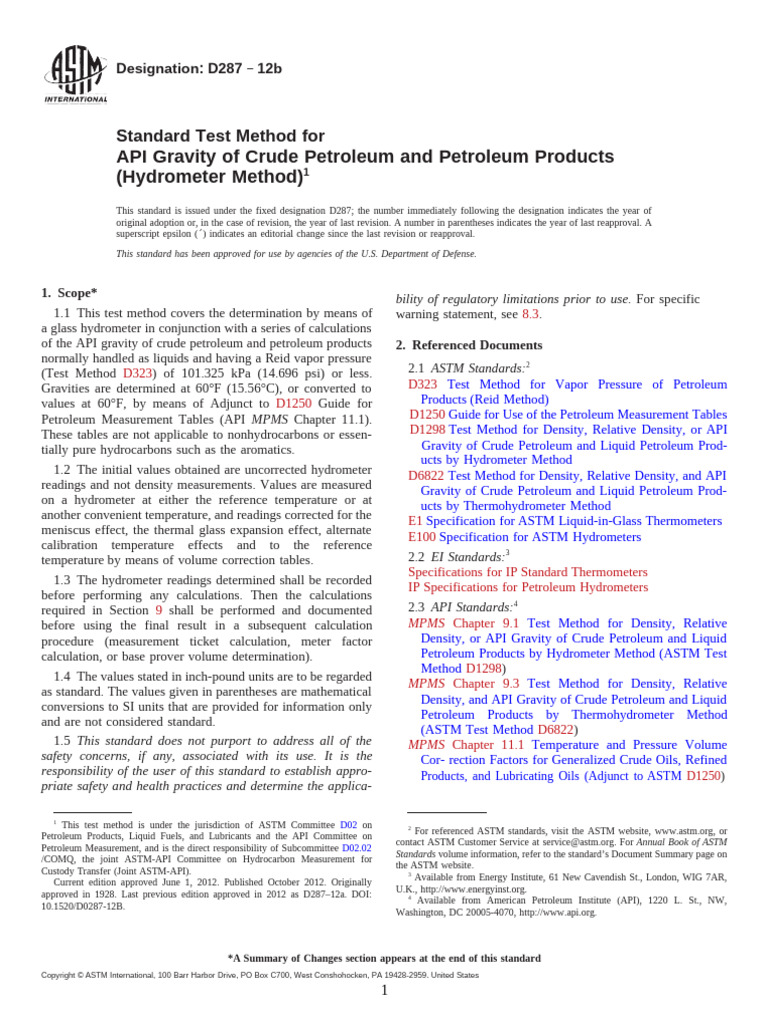 Standard Test Method For API Gravity of Crude Petroleum and Petroleum ...