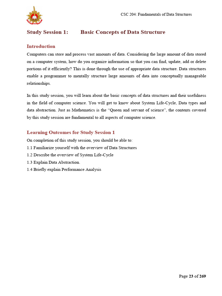 CSC 204 Session 1 | PDF | Data Structure | Data Type