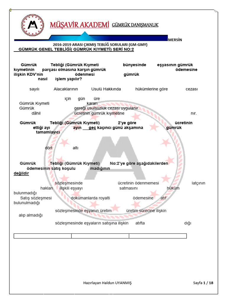 GUMRUK GENEL TEBLiGi SORULARI (SON UC YIL) | PDF