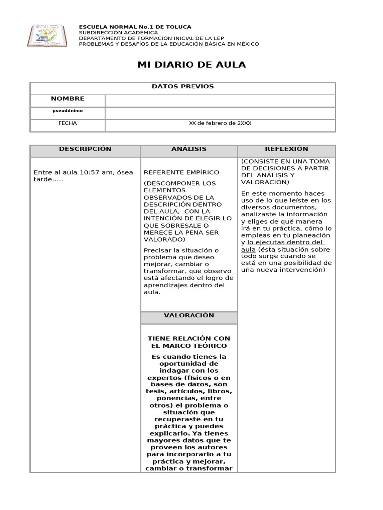 Formato de Diario | PDF | Educación primaria | Cognición