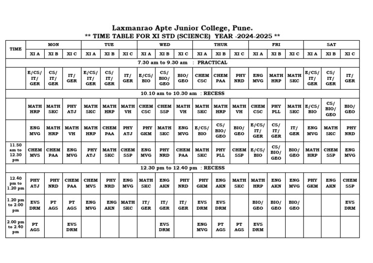 XI Science Time Table 2024 - 2025 | PDF