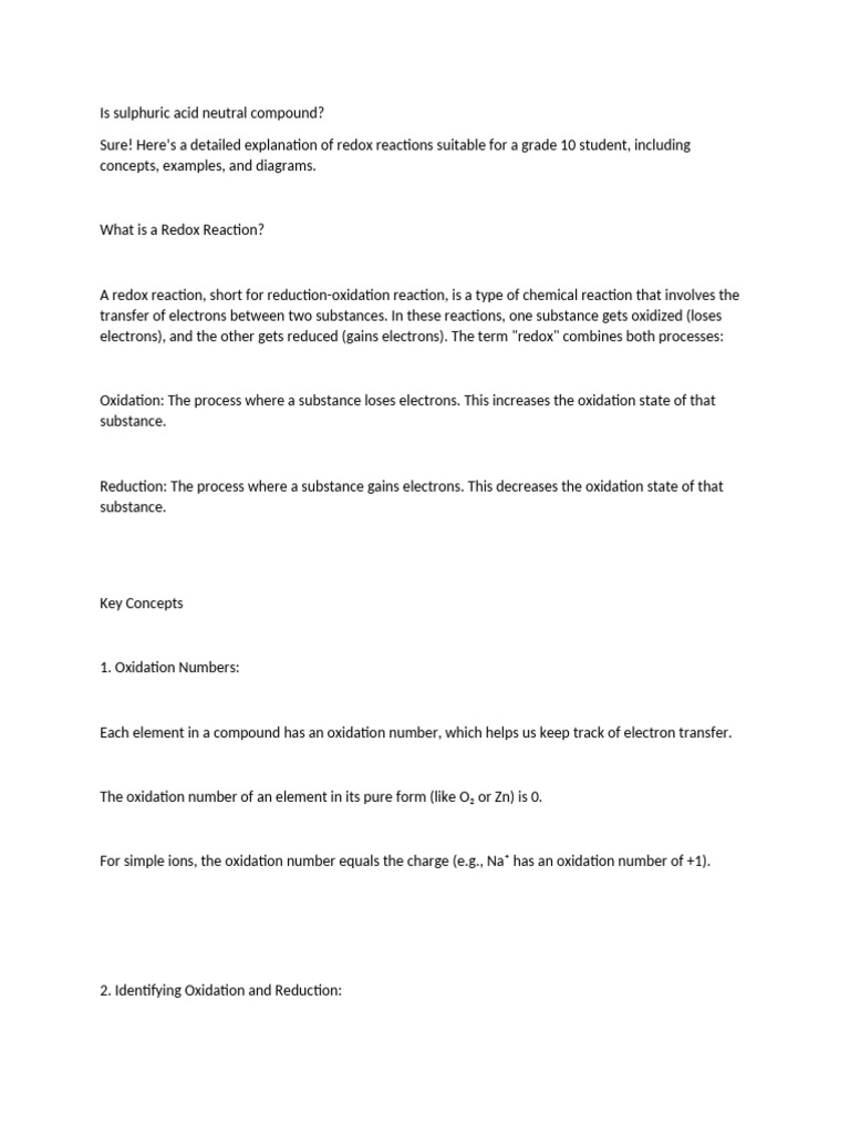 Is Sulphuric Acid Neutral Compound | PDF | Redox | Chemical Reactions