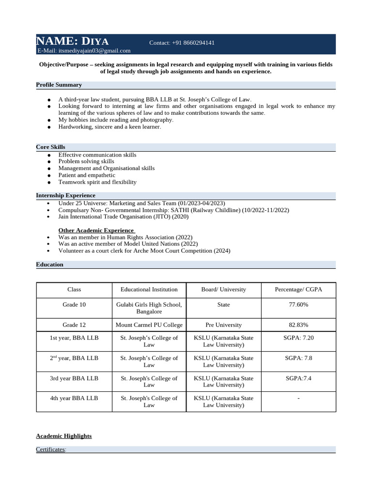 Diya Resume | PDF | Learning | Cognition