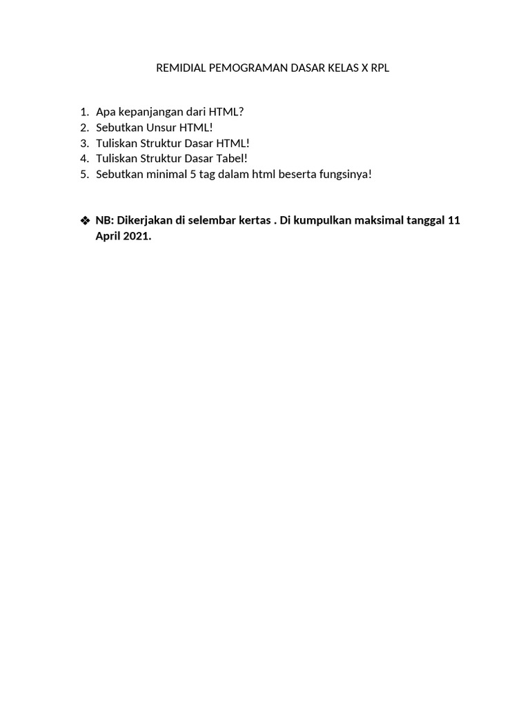 Remidial Pemograman Dasar Kelas X RPL | PDF