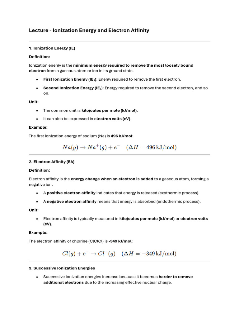 Ionization Energy and Electron Affinity Explained | PDF | Atomic ...