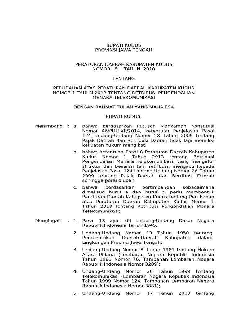 Perda Nomor 5 Tahun 2018 Tentang Rubahan Perda Nomor 1 Tahun 2013 Tentang Retribusi Pengendalian ...
